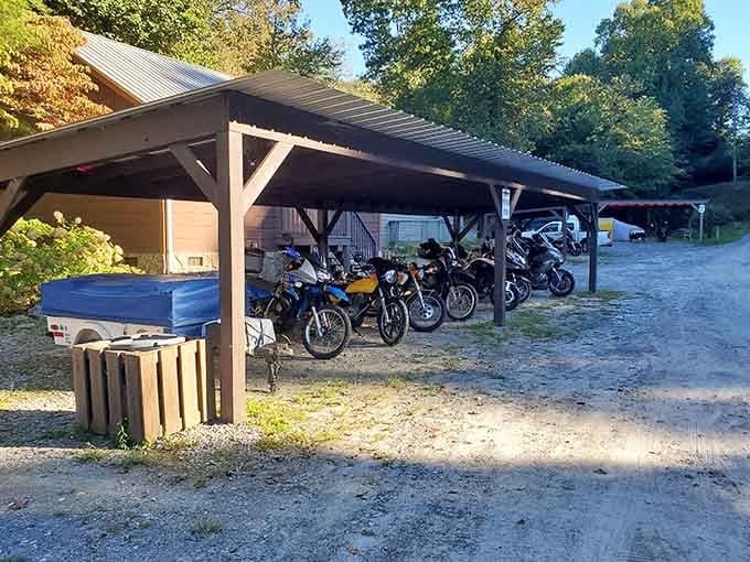 Motorcycle parking that would make John Wayne jealous, if he'd traded his horse for horsepower.
