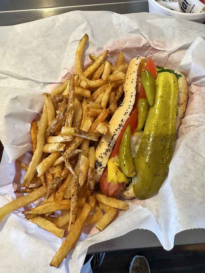 Behold the Chicago dog in all its glory, loaded with enough toppings to make a Windy City native weep with joy.