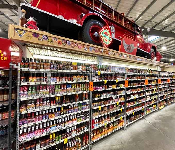 A vintage fire truck guards thousands of hot sauces like a spicy treasure worth protecting at all costs.