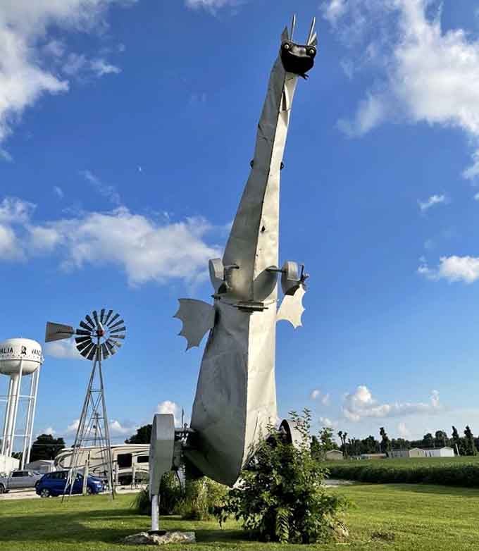 Standing tall against farmland and sky, this serpent proves Illinois does roadside attractions with spectacular commitment.
