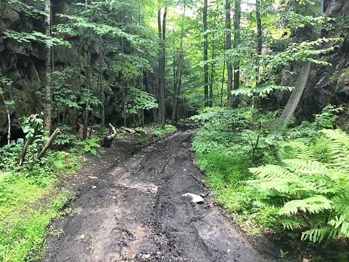 Rock walls flanking the path like ancient sentinels guarding secrets from the steam engine era.
