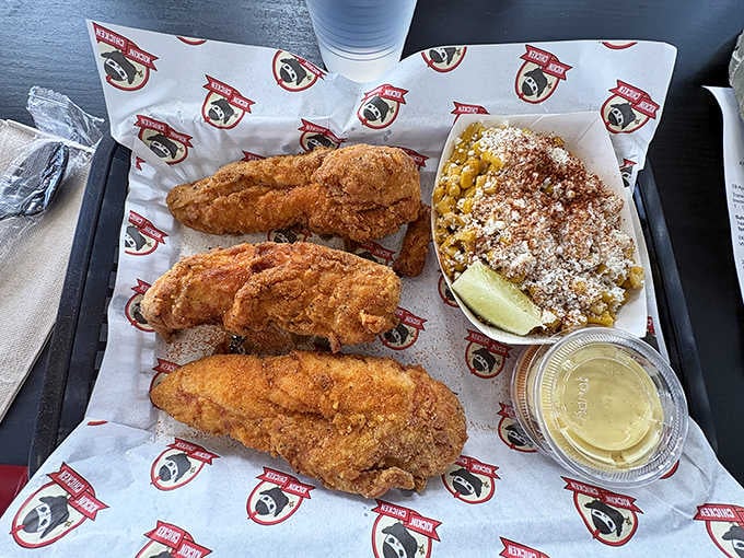 Golden, crispy perfection alongside that vibrant Mexican street corn proves sides can steal the show too.