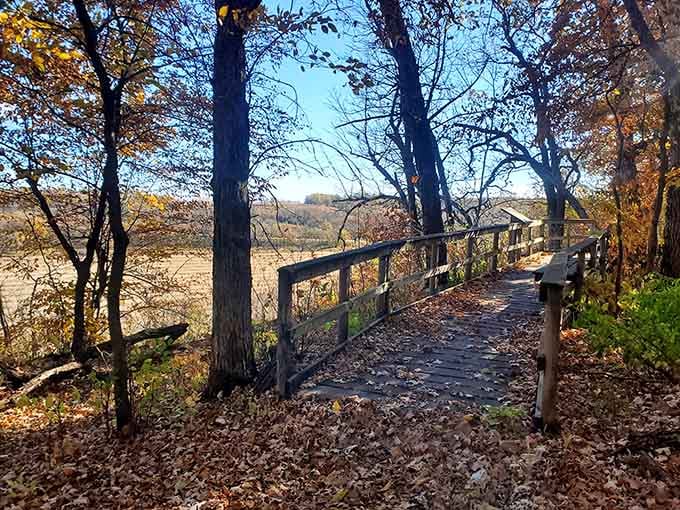 This autumn trail winds through trees ablaze with color, proving fall doesn't require a North Shore address.
