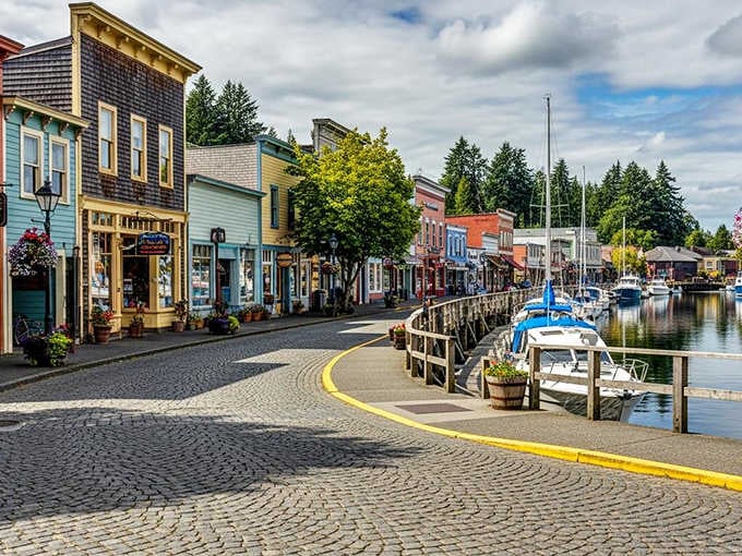 The waterfront boardwalk curves past colorful buildings where boats and businesses coexist in perfect small-town harmony.