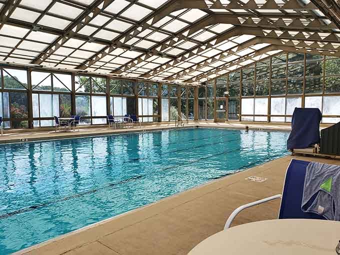 An indoor pool with cathedral ceilings, because swimming laps should feel like a religious experience, obviously.