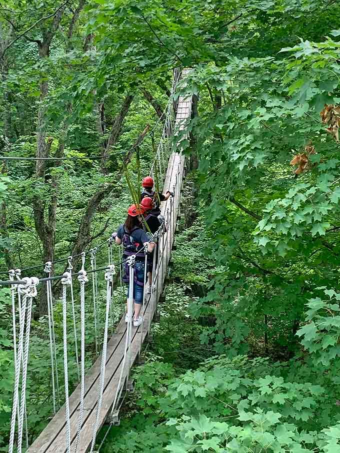 That swaying rope bridge tests your balance and your ability to look calm while internally screaming.