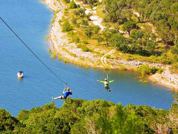 Two adventurers racing across the sky, proving that the best views in Texas require a little leap of faith.