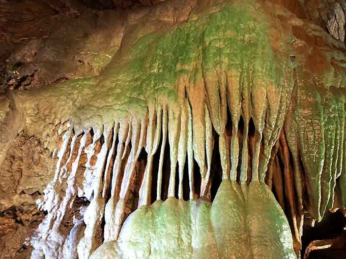 These flowstone formations cascade down the rock like nature's own abstract art, painted in earth tones over thousands of patient years.