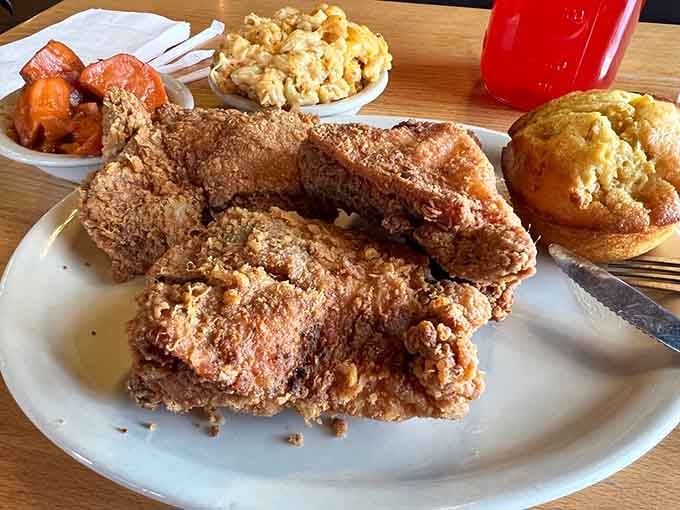 Golden, crispy perfection with sides that could make a grown person weep tears of pure joy.