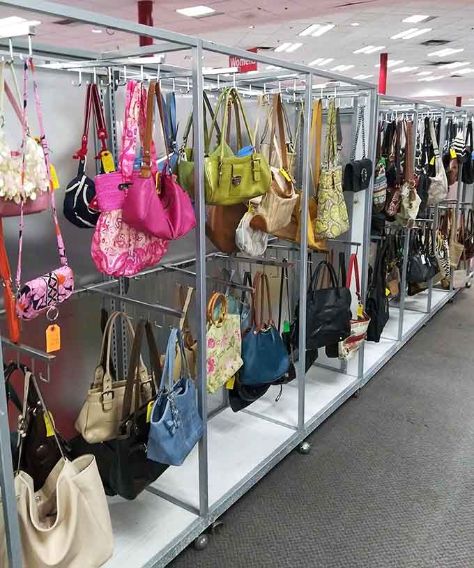 Handbags in every color of the rainbow, because apparently one purse is never enough for anyone.