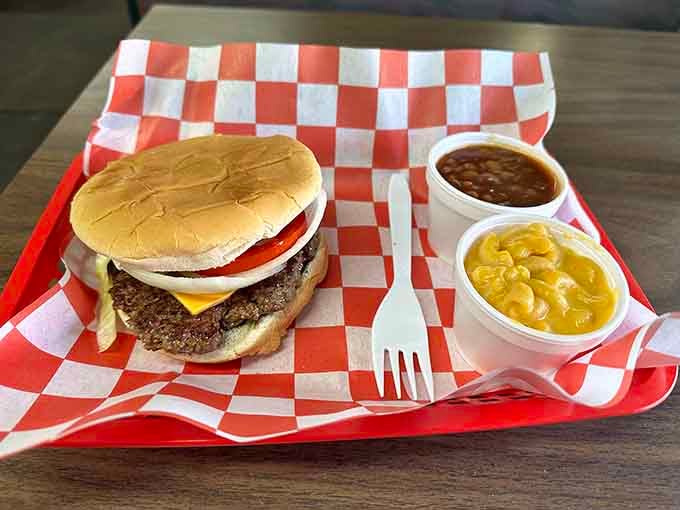 That perfectly griddled patty with mac and cheese proves comfort food doesn't need fancy plating.
