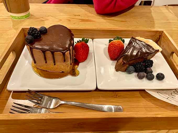 Chocolate cake with berry garnish that looks almost too pretty to eat, emphasis on almost, because resistance is futile.