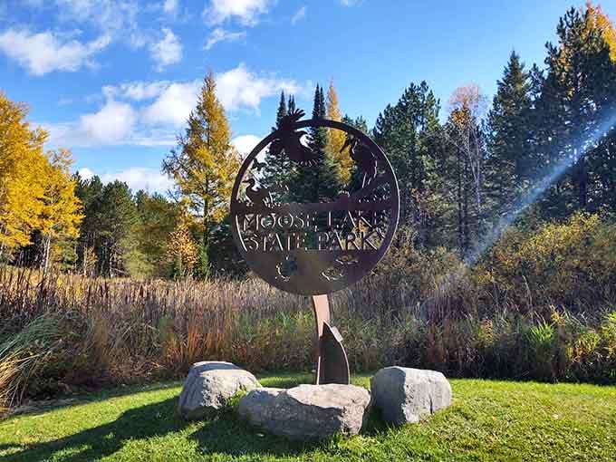 That metallic eagle silhouette against autumn colors proves even park signs can be works of art here.