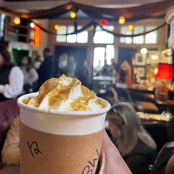 This Butterbeer Latte topped with golden sparkle is basically liquid magic in a cup, no wand required.
