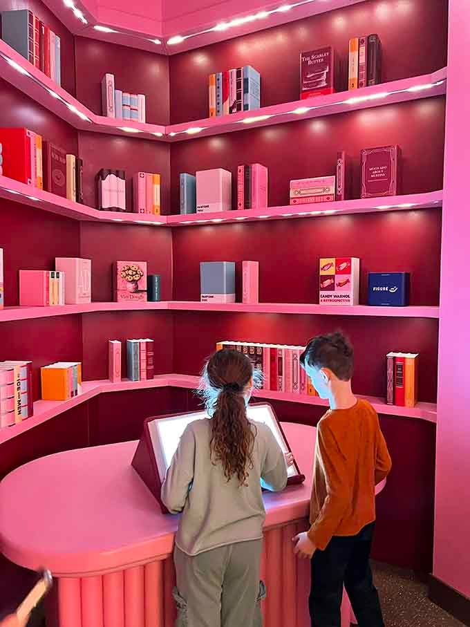 Even the bookshelves here are pink, because why should literature be the only serious thing?