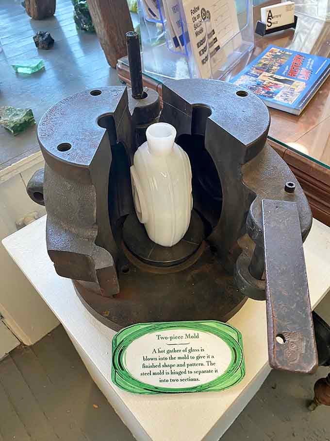 A two-piece mold demonstrates how molten glass was transformed into perfectly shaped bottles before automation took over.