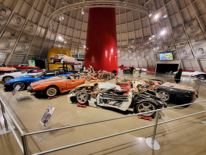 The sinkhole exhibit turns disaster into drama, displaying wounded Corvettes like battle-scarred heroes who've earned their stripes.