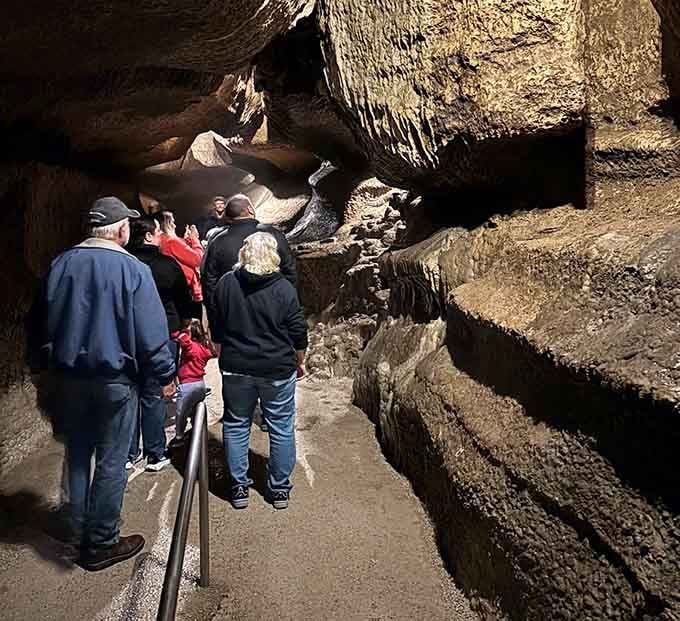 Your knowledgeable guide leads you through passages where stalactites hang like nature's own crystal chandeliers overhead.