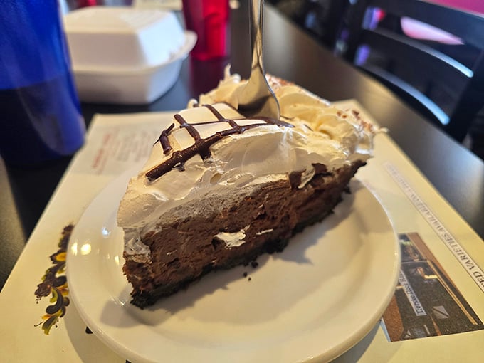 Chocolate pie with whipped cream peaks that could make a grown person weep with joy.