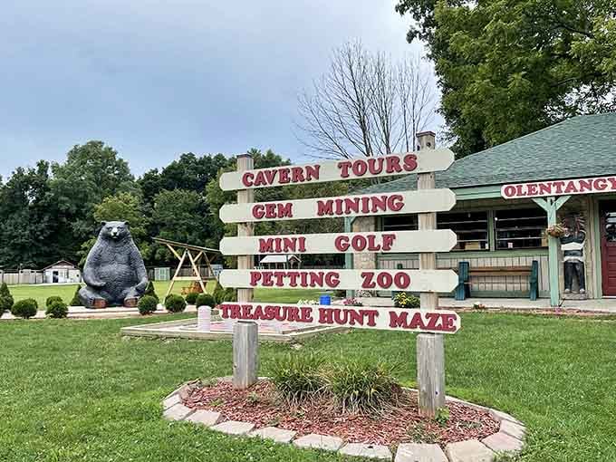 Above ground, the promise of adventure awaits: caverns, gems, mini golf, and a petting zoo too.