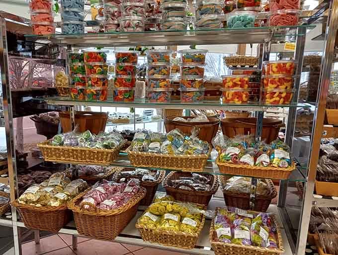 Wicker baskets overflowing with colorful treats create a display that would make Willy Wonka weep with envy.