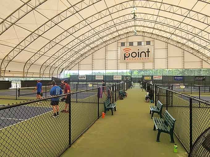 Under that magnificent arched ceiling, pickleball dreams come true regardless of what Mother Nature's throwing around outside.