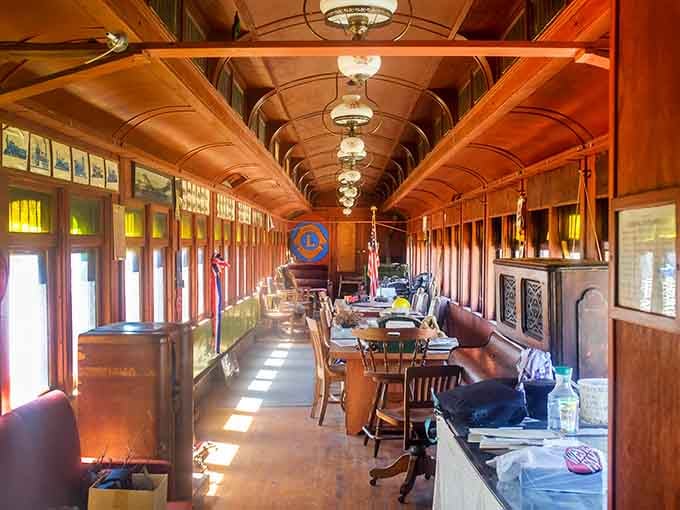 Some train cars go for sterile modern design; this one said "let's bring back the golden age instead."