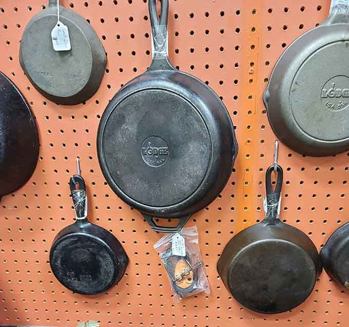 Cast iron skillets that'll outlive us all, seasoned by decades of use and infinitely better than anything modern.