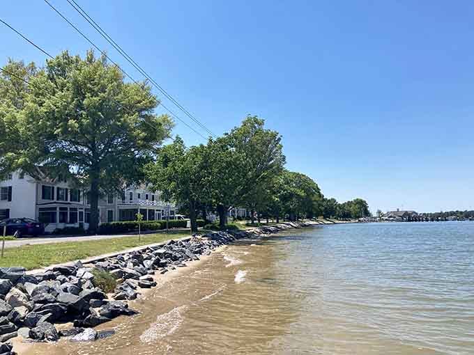 The Tred Avon River laps gently at Oxford's shore, proving that Maryland's best beaches don't always involve boardwalks.
