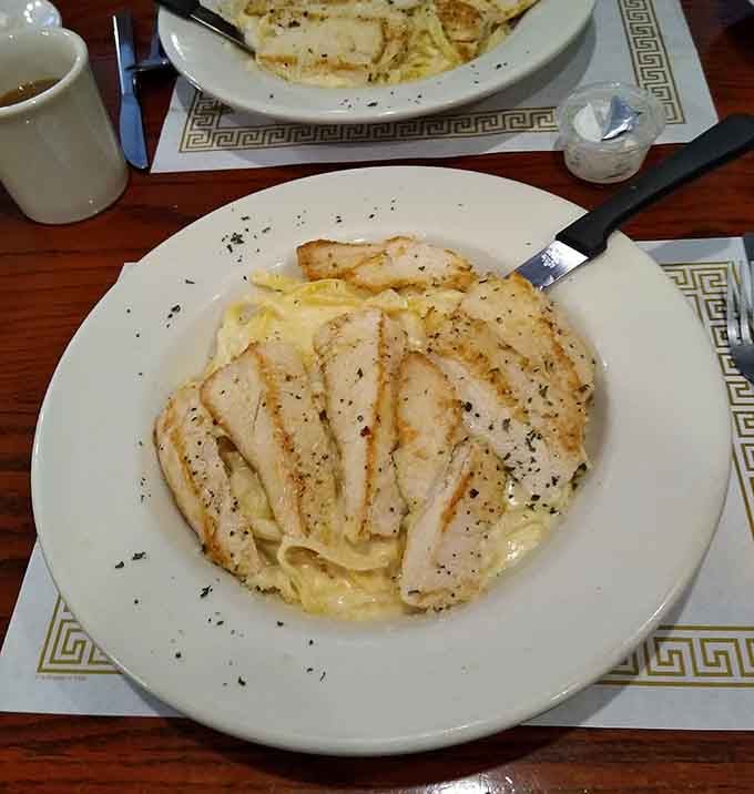 Chicken Alfredo done right, with enough pasta to fuel your entire afternoon and zero pretension about it.