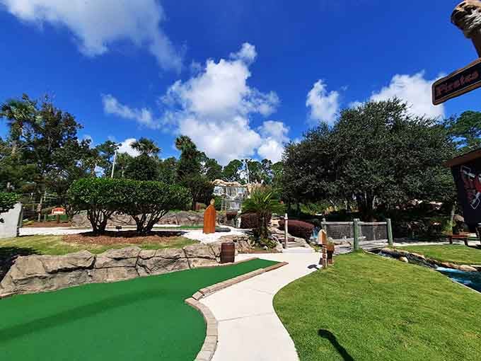 Blue skies and tropical landscaping transform an ordinary afternoon into something worthy of a vacation postcard.