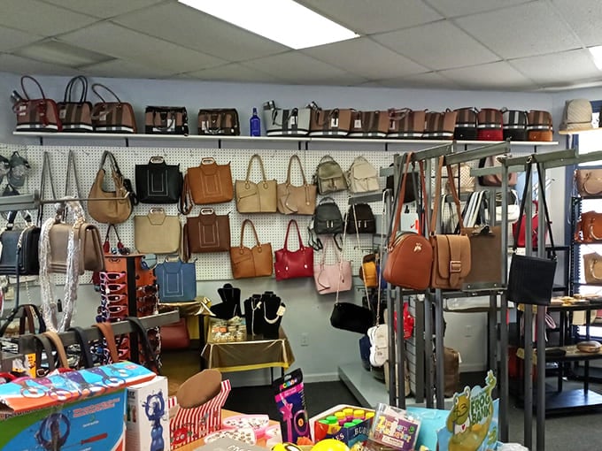 Handbags in every color hang like a fashion rainbow, because one purse is never enough.