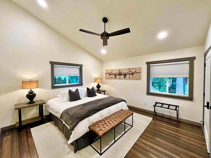 Sleep like royalty in a bedroom where the only neighbors are trees and the occasional curious bird.