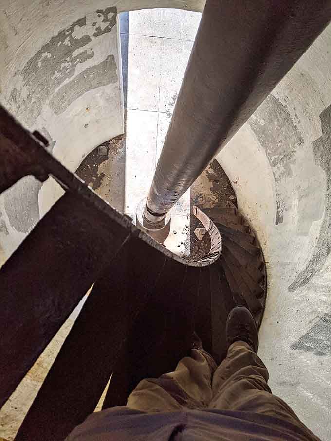 Looking down into the lighthouse tower, where keepers once climbed daily to tend the beacon that saved countless lives.