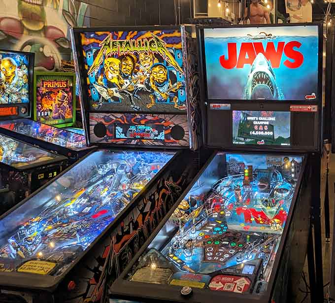 Metallica and Jaws pinball machines side by side &ndash; because nothing pairs better than heavy metal and man-eating sharks, obviously.