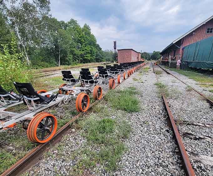 These ingenious contraptions lined up and ready prove that someone brilliantly reimagined what abandoned railroad tracks could become.
