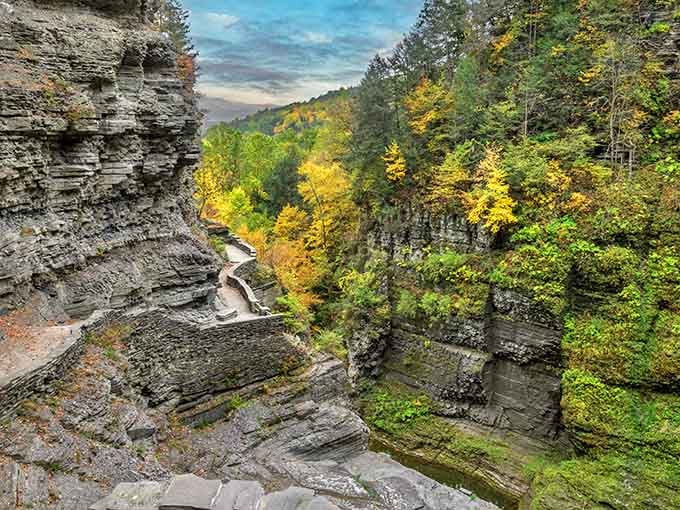 Fall foliage frames the gorge in brilliant color, making every view worthy of a postcard home.