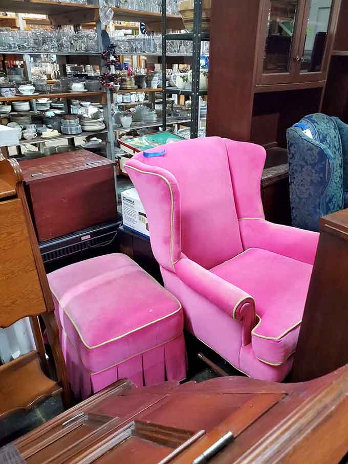 This bubblegum-pink chair and ottoman set proves that one person's bold decorating choice is another's perfect statement piece.