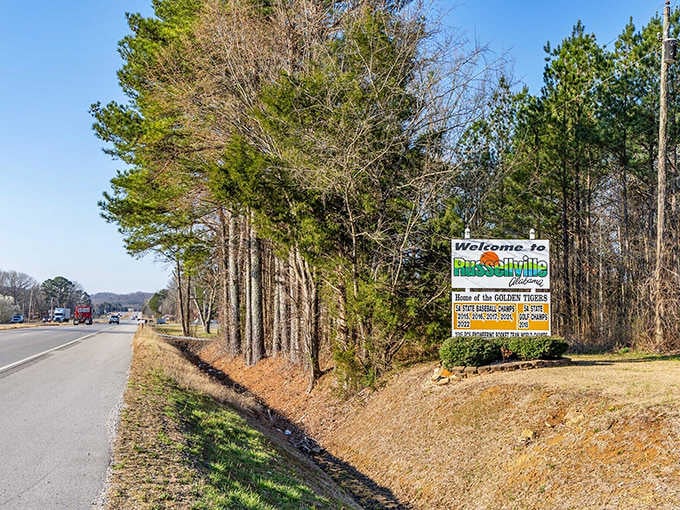 The welcome sign promises "Home of the Golden Tigers," which sounds way more exciting than "Home of Reasonable Traffic."