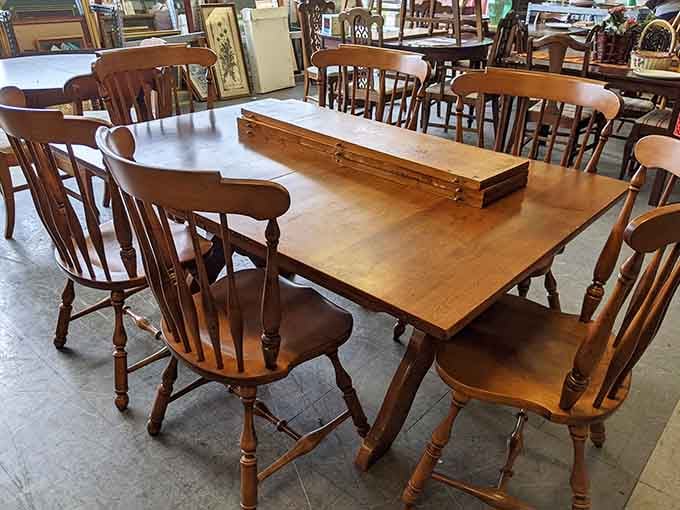 This solid wood dining set has hosted more family dinners than the Waltons, and it's ready for yours.