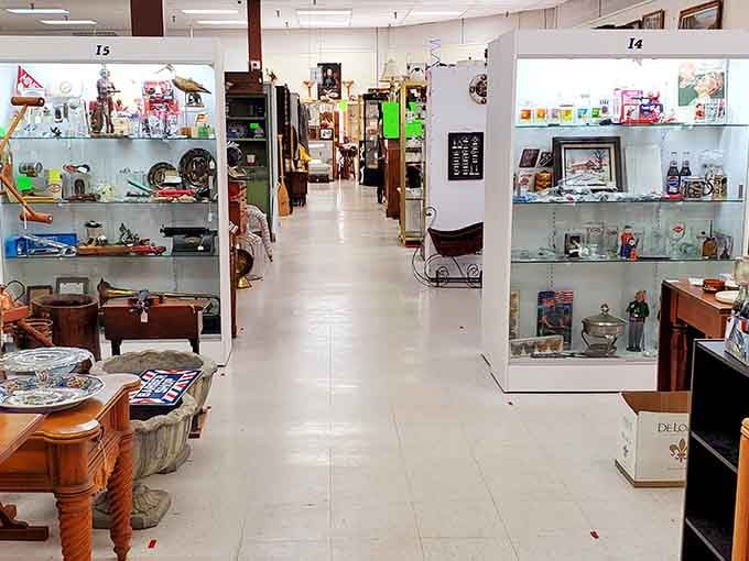 Clean aisles stretch endlessly, inviting exploration without the claustrophobia of cramped antique shops everywhere.