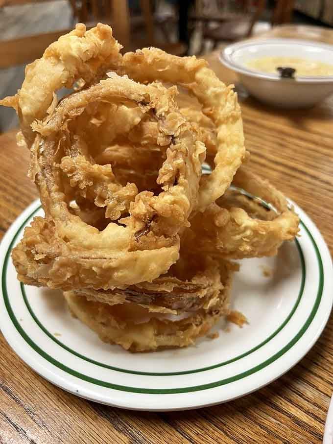 These golden onion rings tower like delicious skyscrapers, crispy and ready for their close-up.