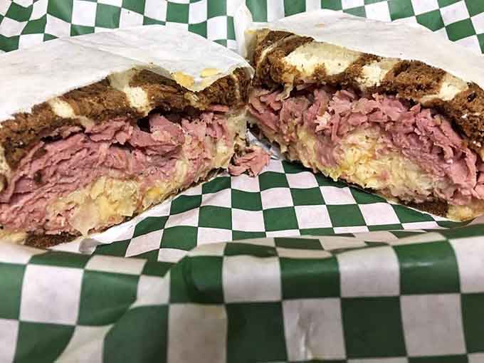 Layers of corned beef on marble rye that would make any New York deli jealous.