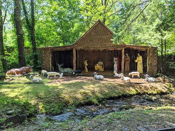 The nativity scene at Santa's Land sits peacefully beside a babbling brook, blending reverence with natural beauty.
