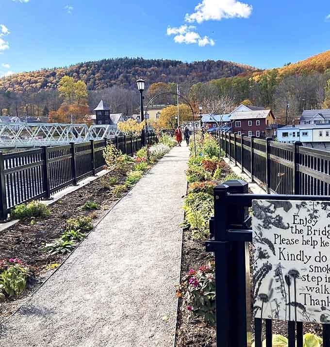 Walking through flowers suspended over a river beats your average Tuesday commute by about a million percent.