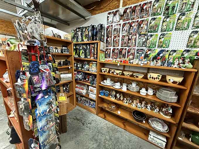 Star Wars figures stand guard over vintage dishware, proving that Darth Vader and dinner plates coexist beautifully.
