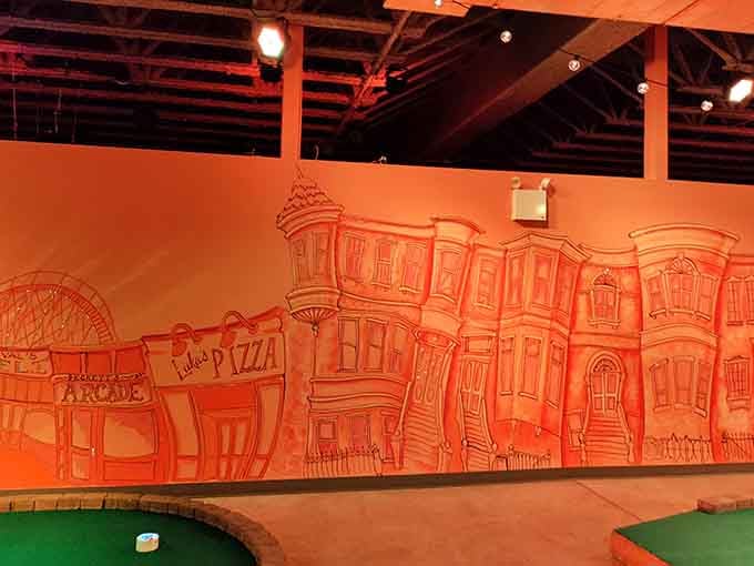 Hand-drawn Brooklyn brownstones and pizza joints line the walls, turning neighborhood pride into playful putting obstacles you'll actually enjoy.