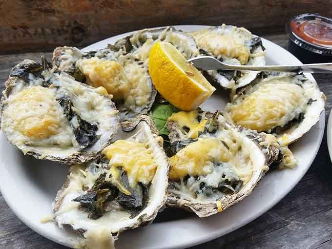 Oysters Rockefeller done right, with enough cheese and spinach to make Popeye jealous of your dinner choice.