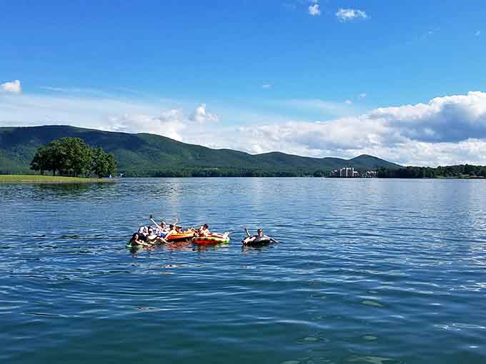 Nothing says summer like floating with friends on calm water, mountains watching over you like protective grandparents.