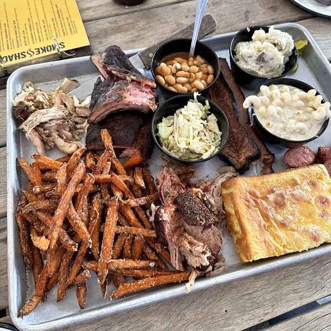 Behold the sampler platter: more meat than you can shake a stick at, served on a tray of pure happiness.